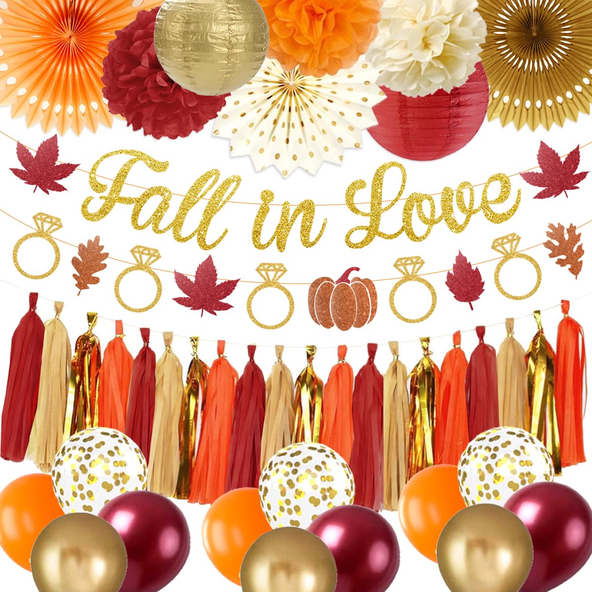 Fall in Love Bridal Shower Decorations-Fall Themed Maple Leaves Ring Gold Orange Maroon Fall in Love Banner Set for Wedding Engagement Party