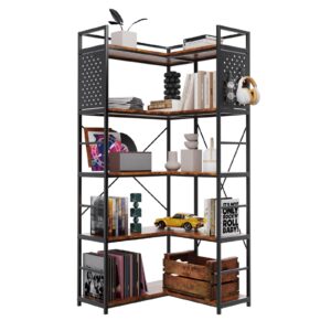 redlife corner bookshelf 5 tier, modern corner bookcase, etagere bookcase, industrial bookshelf, large open shelf bookcase, tall bookshelves with metal frame for bedroom living room