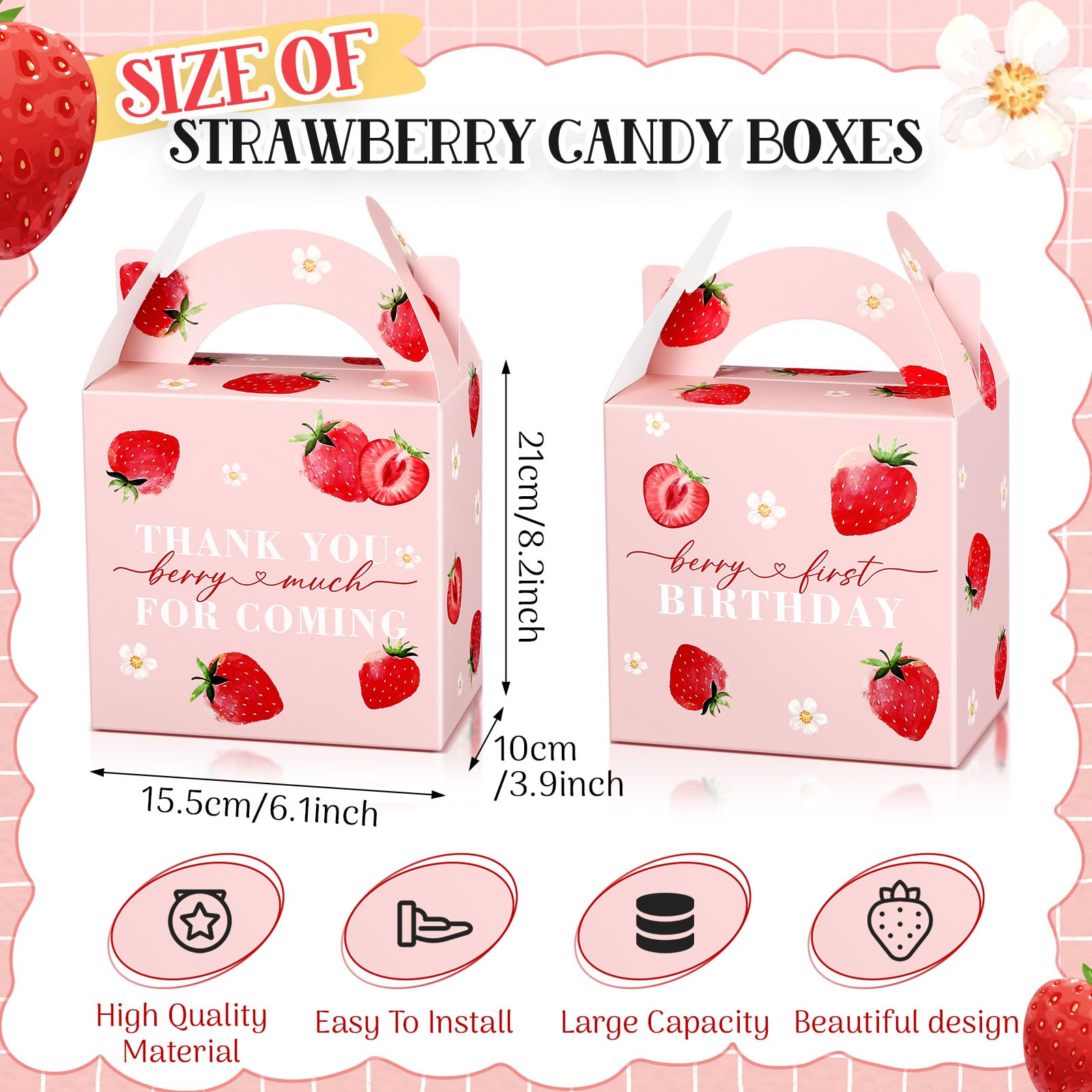 Sinload 24 Pack Strawberry Birthday Party Favor Sweet Strawberry Treat Box 6.1 x 3.9 x 8.3 in Fruit Gift Candy Box Strawberry Theme Goodie Present Box for Sweet One Birthday Baby Shower Decor Supplies