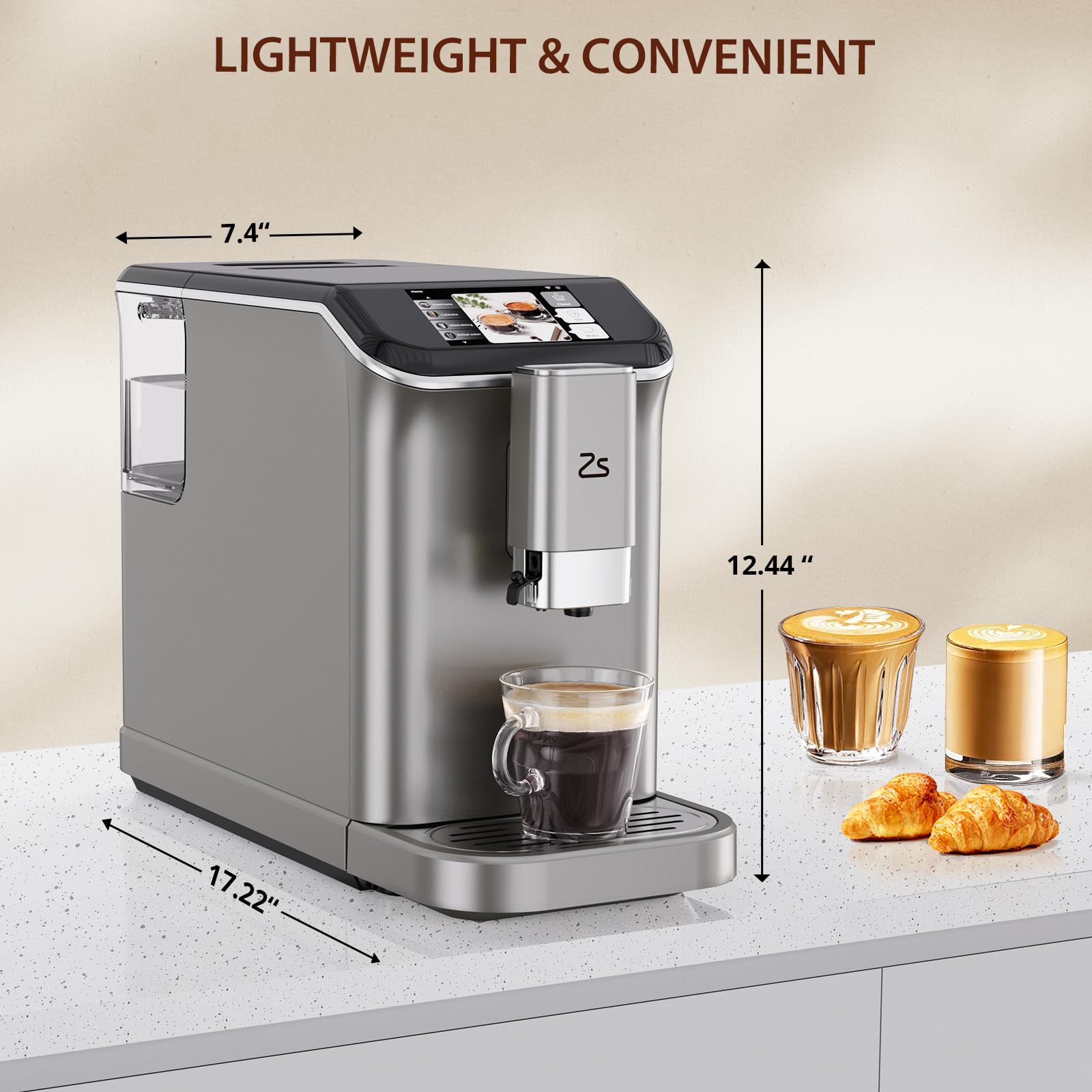 Takywep Fully Automatic Espresso Machine with Grinder & Automatic Milk Frother, 20-Bar, Touch Display, 7 Coffee Varieties, One-Touch Single/Double Shot for Espresso, Silver