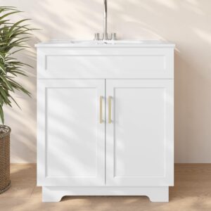 smhxo bathroom vanity with ceramic sink, bathroom vanity cabinet with 2 doors, 30 inches wooden bathroom sink cabinet, white