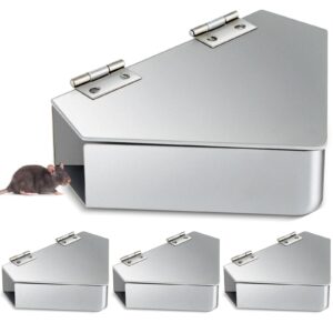 qualirey 4 pcs mouse station carbon steel mice bait station waterproof mice stations outdoor metal mice trap bait box, keeps children and pets safe indoor & outdoor, bait not included, silver