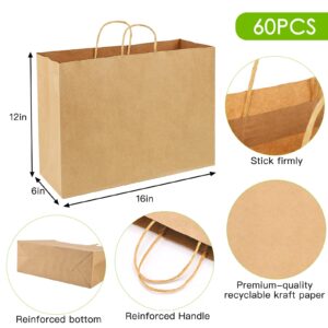 Moretoes 60pcs 16x6x12 Inches Paper Bags with Handles Bulk Large Gift Bags with Handles Brown Paper Bags for Grocery, Merchandise, Gifts