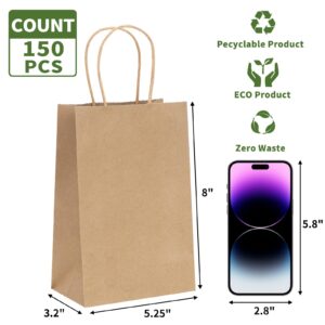 Moretoes 150pcs Paper Bags, 5.25x3.2x8 Inches Kraft Paper Bags, Small Brown Gift Bags with Handles Bulk, Retail Bags for Small Business, Shopping, Merchandise, Birthday Wedding Party Favor Bags