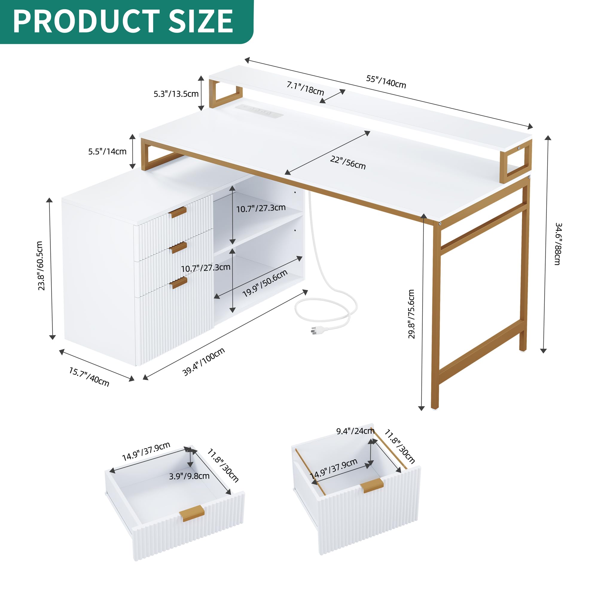 YITAHOME L Shaped Desk with Power Outlets and LED Lights, 55" Computer Desk with Drawers, Corner Office Desk with File Cabinet for Home Office, White & Gold