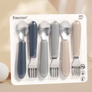 Eascrozn 6 Pack Toddler Utensils, Kids Silverware Set with Silicone Handle, Children Safe Forks and Spoons, 18/8 Stainless Steel, Food Grade Silicone Feeding Supplies, Dishwasher Safe