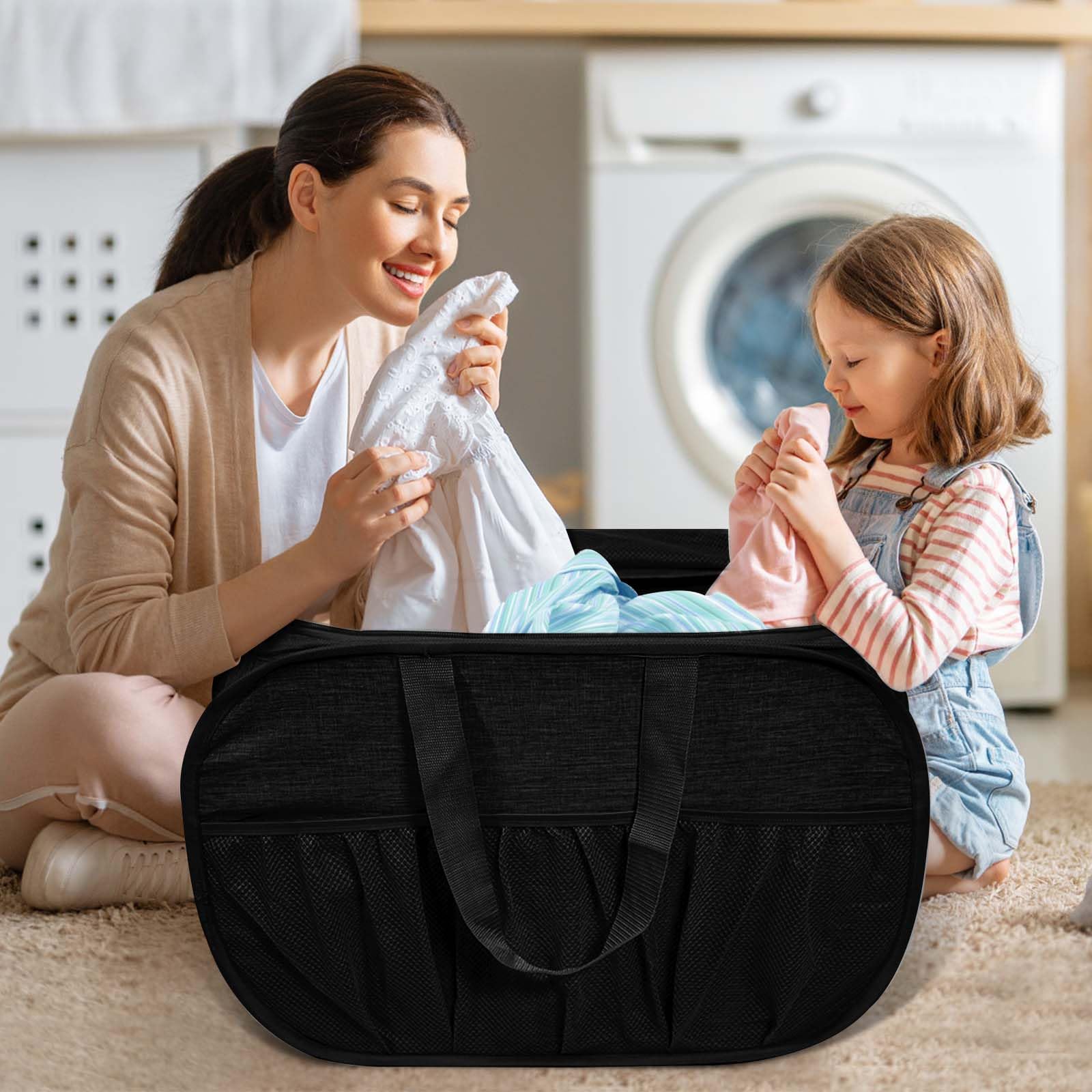 Collapsible Laundry Baskets, Tear Proof Pop Up Laundry Hamper with Lid, Dual Handles Durable Foldable Laundry Basket, Easy to Carry Laundry Hamper for Home, Laundry Room, Bedroom, Dorm, Travel Black