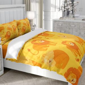 Moinlizy 3D Cartoon Lion Printed Duvet Cover Twin Size 3D Yellow Cute Lion Bedding Sets Bedclothes Room Decor Wild Animal Theme No Comforter