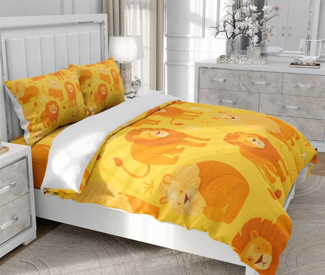 Moinlizy 3D Cartoon Lion Printed Duvet Cover Twin Size 3D Yellow Cute Lion Bedding Sets Bedclothes Room Decor Wild Animal Theme No Comforter