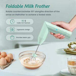 Milk Frother Handheld, USB-C Rechargeable Coffee Frother Wand, Electric drink mixer with Charging Base&3 Heads,3 Speeds Adjustable, Electric Whisk Drink Mixer Handheld with Stand for Coffee,Egg Green