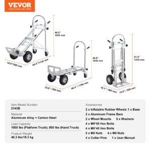 VEVOR Aluminum Folding Hand Truck, 4 in 1 Design 1000 lbs Capacity, Heavy Duty Industrial Collapsible cart, Dolly Cart with Rubber Wheels for Transport and Moving in Warehouse, Supermarket, Garden