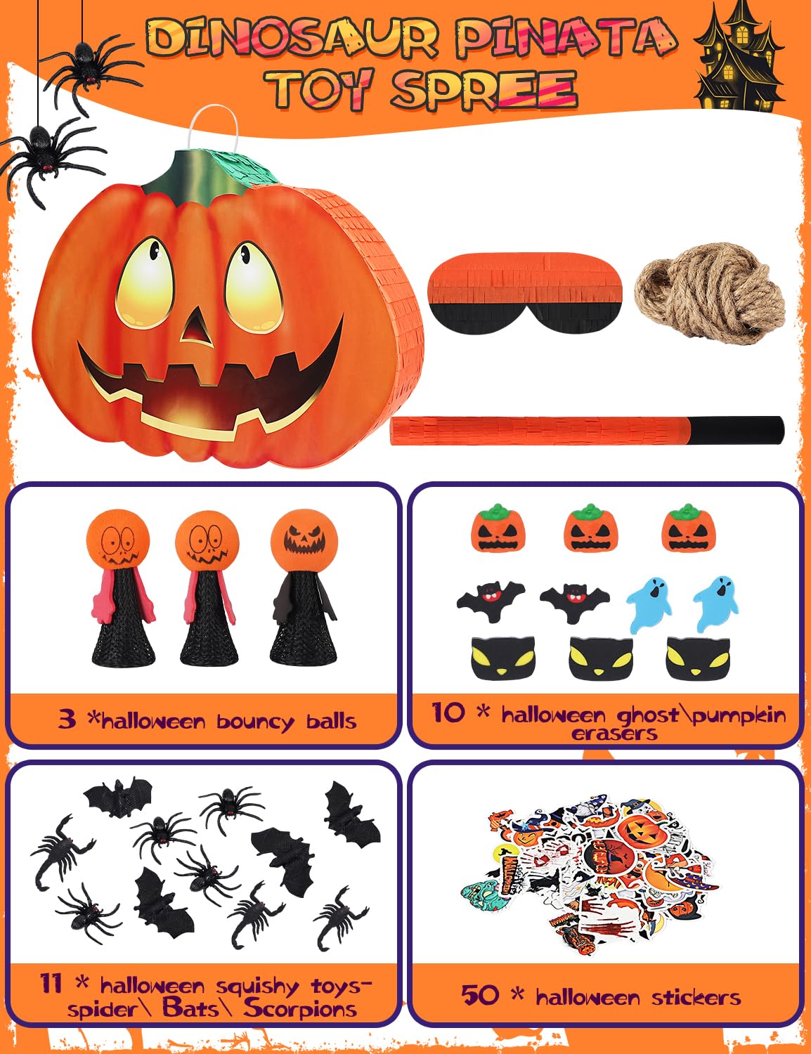 Halloween Pumpkin Piñata - 74pc Set: Complete Party Game with Toys, Goodie Bags, Bat & Blindfold - Perfect for Kids' Birthdays, Classroom Prizes & Festive Decorations