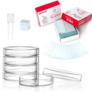 sterile plastic petri dishes set, 50 pcs pre-cleaned blank microscope slides, 100 pcs 20x20mm square cover glass, 5 pcs 90mm diax15mm deep lab petri plate dish with lid and 10 test pipette droppers