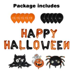 Happy Halloween Party Decorations, Melsan Halloween Banner Black and Orange Balloons, Spider, Bat, Pumpkin with Ghost Balloons - Perfect Halloween Party Supplies for Kids and Adults