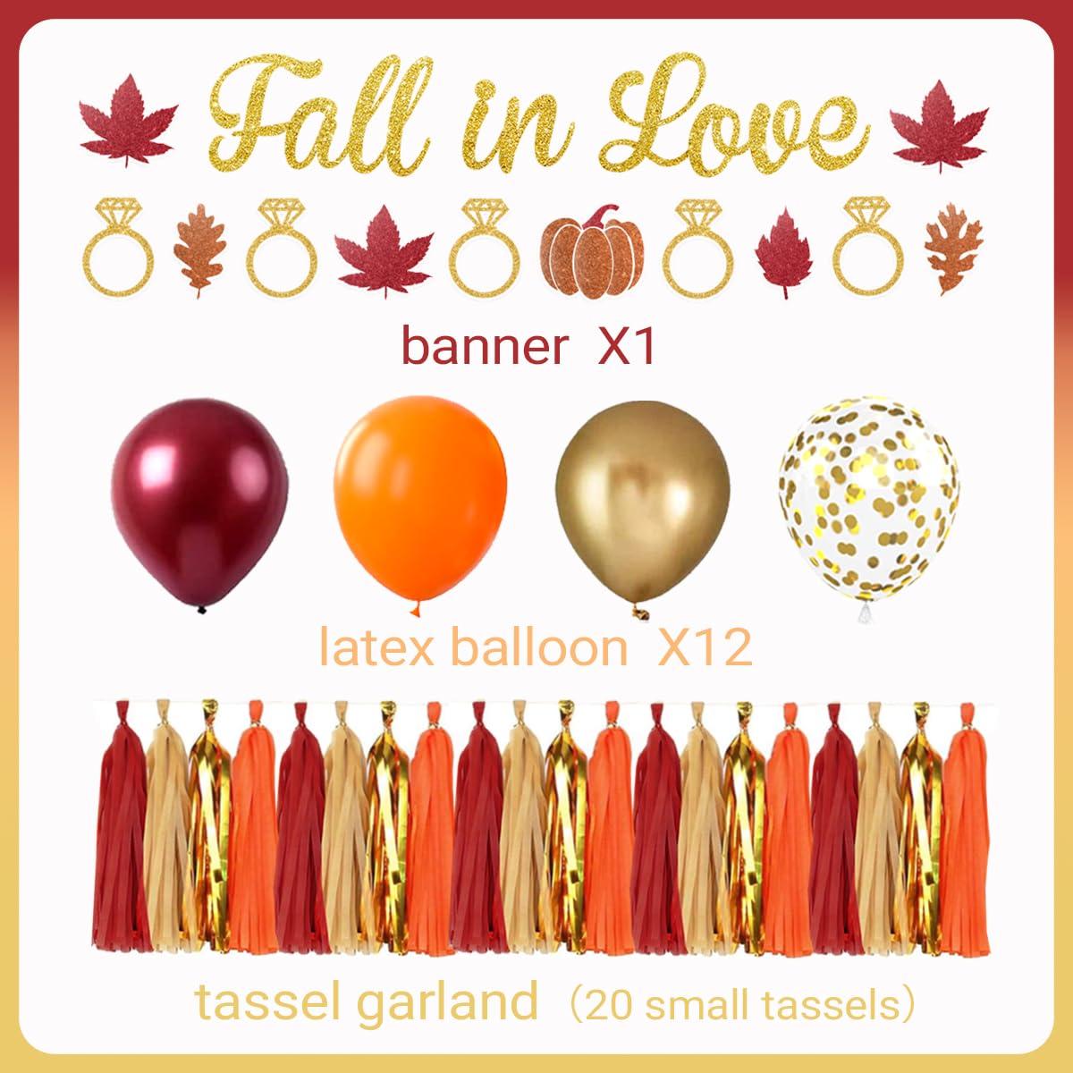 Fall in Love Bridal Shower Decorations-Fall Themed Maple Leaves Ring Gold Orange Maroon Fall in Love Banner Set for Wedding Engagement Party