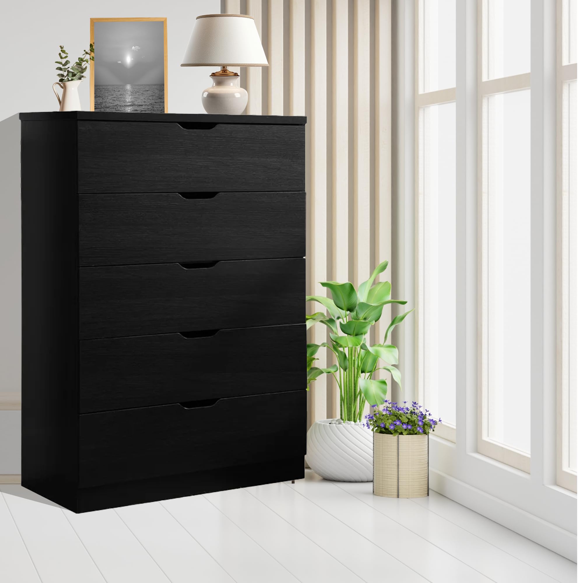 Xiconbao Modern 5 Drawer Dresser for Bedroom, Tall Chest of Drawers with Storage, Wood Storage Chest Organizers with Cut-Out Handles, Accent Storage Cabinet for Living Room, Entryway, Hallway (Black)