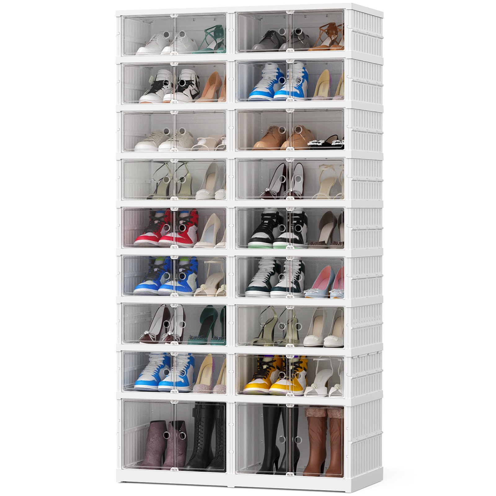 BROVIEW 9 Tier 36Pairs Plastic Shoe Storage Organizer Boxes, Large Collapsible Stackable Shoe Rack for Closet Entryway, Folding Shoe Storage Cabinet Container Sneaker Bin with Clear Doors, White