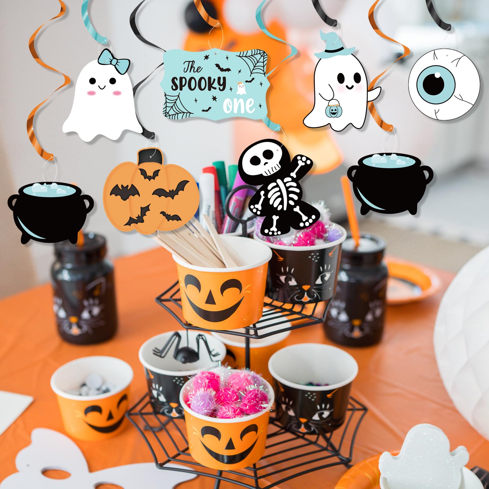 K KUMEED Halloween Birthday Party Decorations,20 PCS Blue The Spooky One Hanging Swirl Decorations,Cute Ghost Eyeballs Pumpkin for Outdoor Indoor Halloween 1st Birthday Boys First Birthday