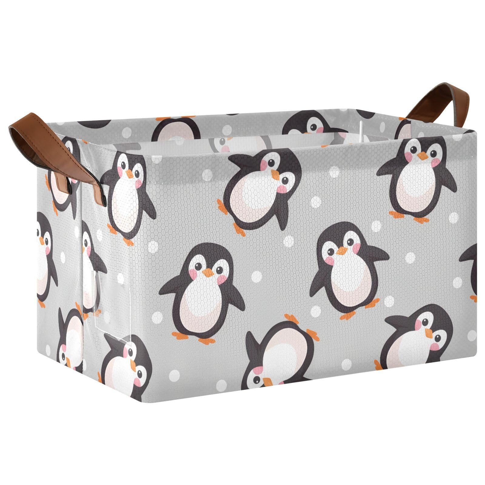 SPRIPORT Cute Penguins Light Grey Foldable Storage Cube for Shelves Fabric Storage Bin with Metal Frame & Double Handles Large Storage Box for Organizing Toys Books Clothes Blankets