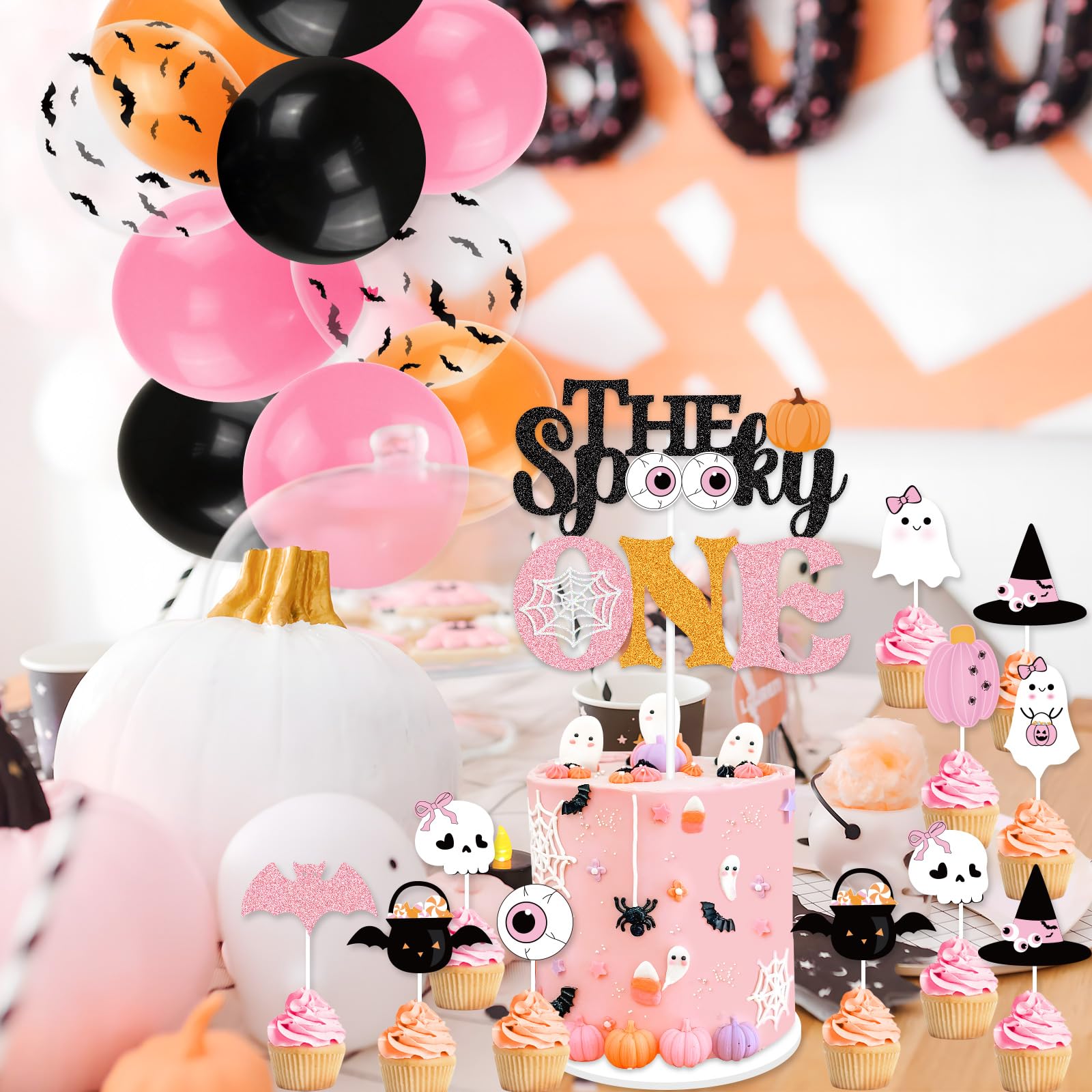 K KUMEED Pink Halloween 1st Birthday Party Decorations,The Spooky One Banner Cute Ghost Eyeballs Pumpkin Cake Topper and Latex Balloons for Halloween First Birthday Girls Birthday Party Supplies