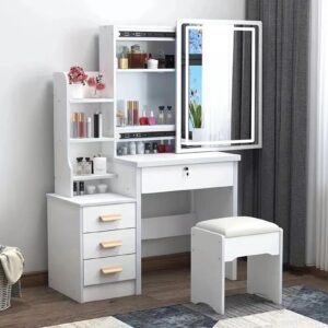 vanity desk with led lighted mirror,vanity desk with mirror and lights,makeup table with drawers,vanity desk with storage shelves,makeup table stool,vanity desk with light for bedroom dressing table