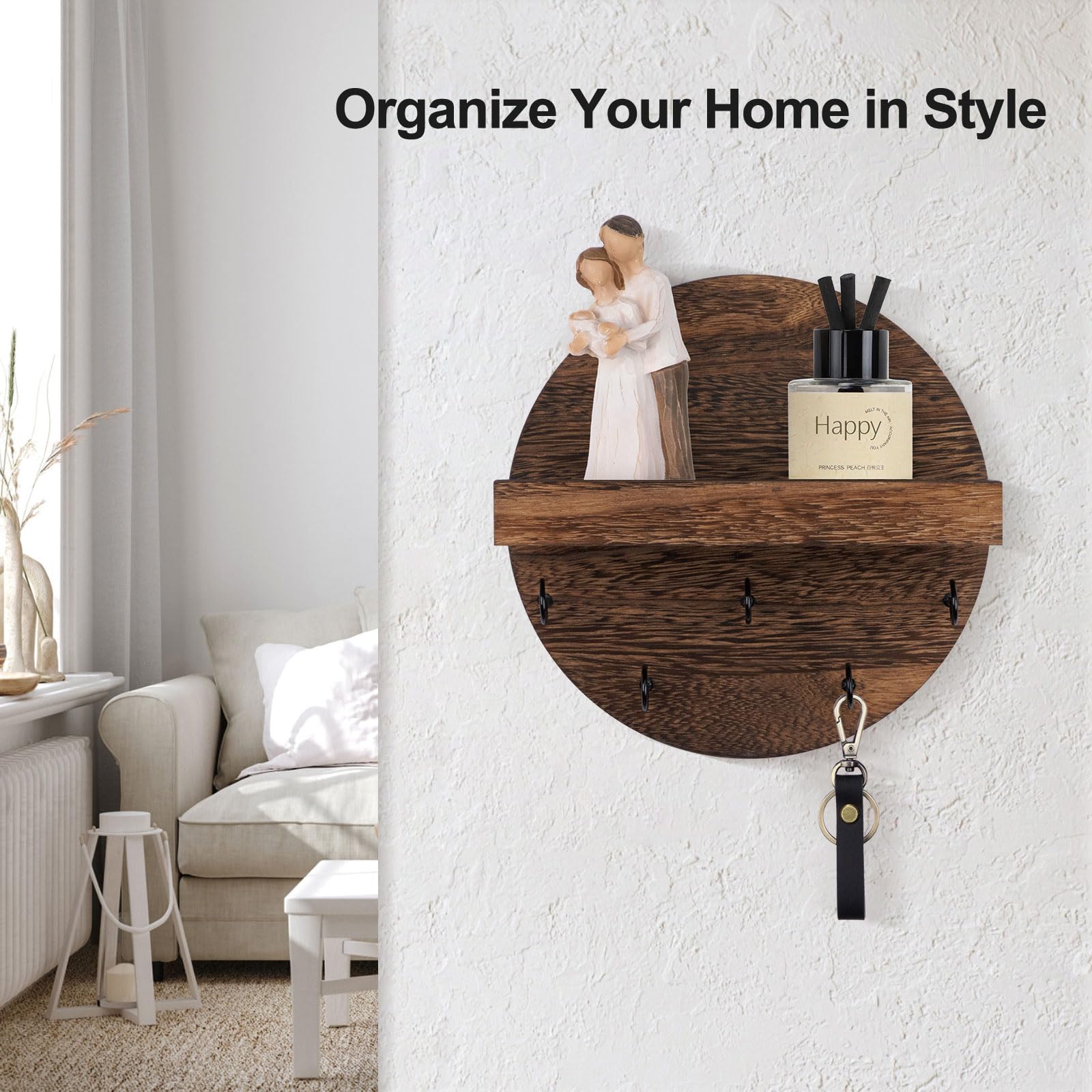 Lwenki Key Holder for Wall – Decorative Key Hook Shelf for Entryway Decor – 7.9 Inch Round Paulownia Wood Hey Hanger with 5 Metal Hooks Includes Mounting Hardware and Installation Guide