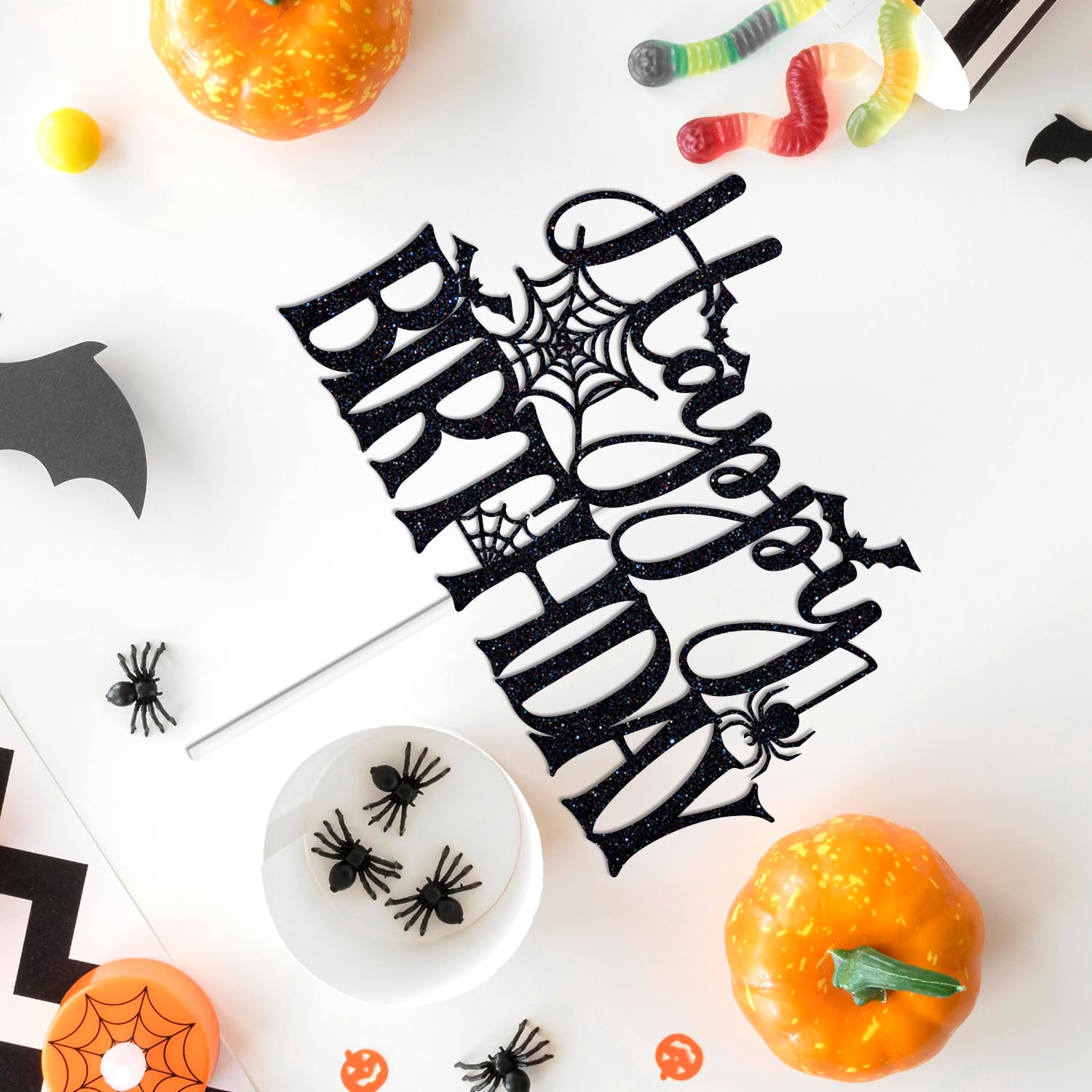 Black Glitter Happy Birthday Cake Topper, Happy Booday/Happy Halloween Birthday, Funny Ghoust Scary Halloween Themed Birthday Party Decorations for Kids