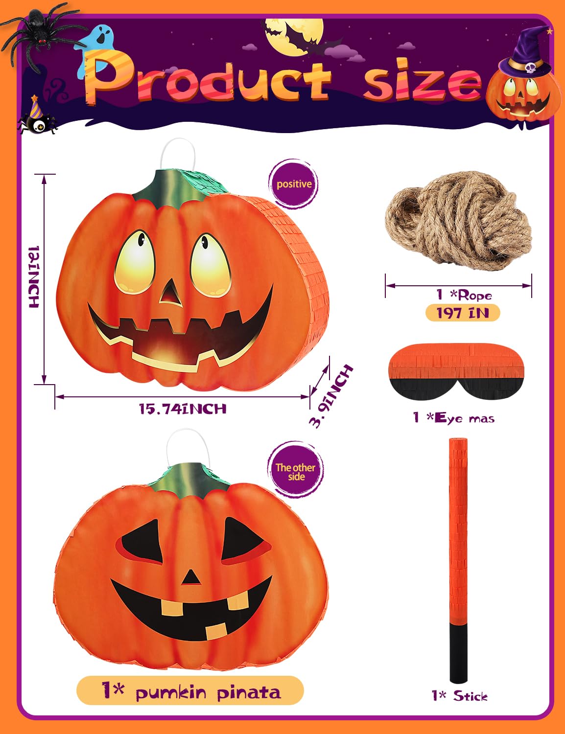 Halloween Pumpkin Piñata - 74pc Set: Complete Party Game with Toys, Goodie Bags, Bat & Blindfold - Perfect for Kids' Birthdays, Classroom Prizes & Festive Decorations