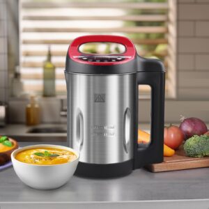 1.6l soup maker machine, stainless steel programmable soup maker with smooth & chunky settings, anti-dry burn, overfill sensors, and self-cleaning mode for quick soups, baby food, and home use(red)