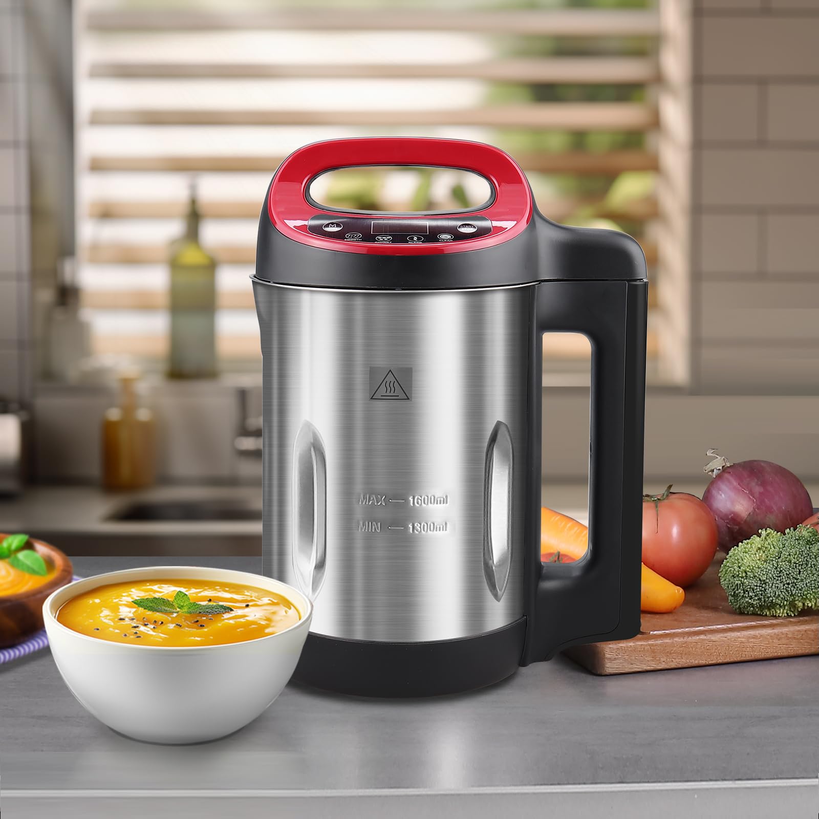 1.6L Soup Maker Machine, Stainless Steel Programmable Soup Maker with Smooth & Chunky Settings, Anti-Dry Burn, Overfill Sensors, and Self-Cleaning Mode for Quick Soups, Baby Food, and Home Use(red)