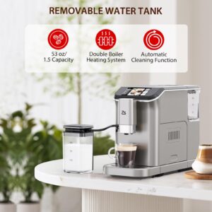 Takywep Fully Automatic Espresso Machine with Grinder & Automatic Milk Frother, 20-Bar, Touch Display, 7 Coffee Varieties, One-Touch Single/Double Shot for Espresso, Silver