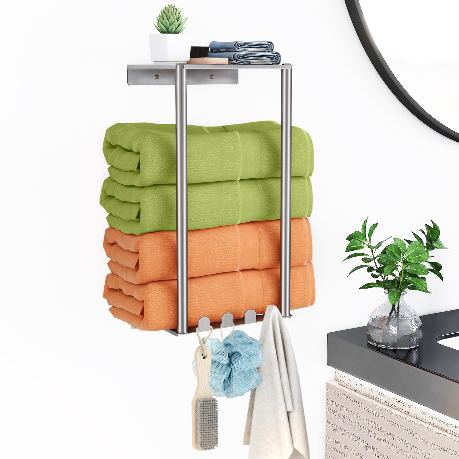 JIAPAIDUO Towel Storage for Bathroom, 15 Inch Wall Mounted Towel Rack, Wall Towel Holder for Rolled Towels, Wall Towel Storage with 4 Hooks for Small Bathroom, Rolled Towel Rack, Brushed Nickel