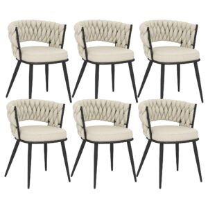 homedraft woven dining chairs set of 6, modern hand weaving dining chair with black metal legs, upholstered club chairs with black frame for dining room, kitchen, vanity, beige