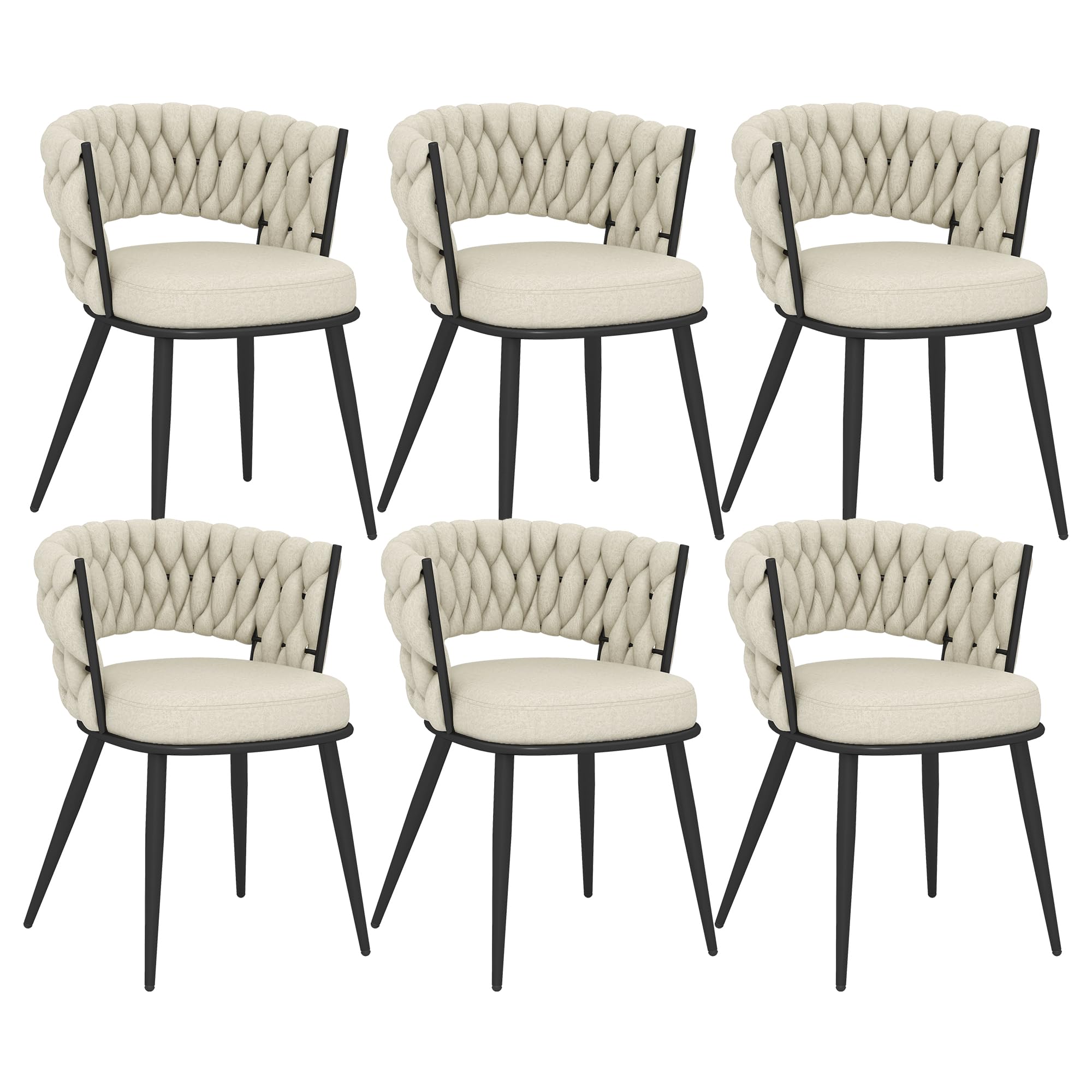 Homedraft Woven Dining Chairs Set of 6, Modern Hand Weaving Dining Chair with Black Metal Legs, Upholstered Club Chairs with Black Frame for Dining Room, Kitchen, Vanity, Beige