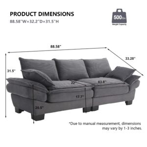 88.58" Corduroy Loveseat Sofa Couch for Living Room, 2 Seater Grey Cloud Couch Oversized Loveseat Comfy Mini Couch for Bedroom, Modern Sleeper Sectional Sofa for Small Spaces Apartment