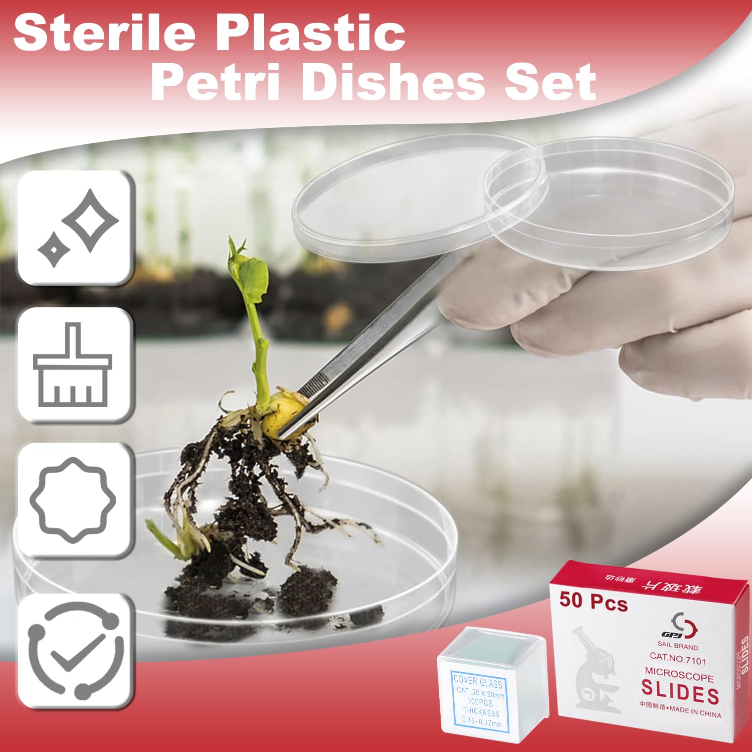 Sterile Plastic Petri Dishes Set, 50 Pcs Pre-Cleaned Blank Microscope Slides, 100 Pcs 20x20mm Square Cover Glass, 5 Pcs 90mm Diax15mm Deep Lab Petri Plate Dish with Lid and 10 Test Pipette Droppers