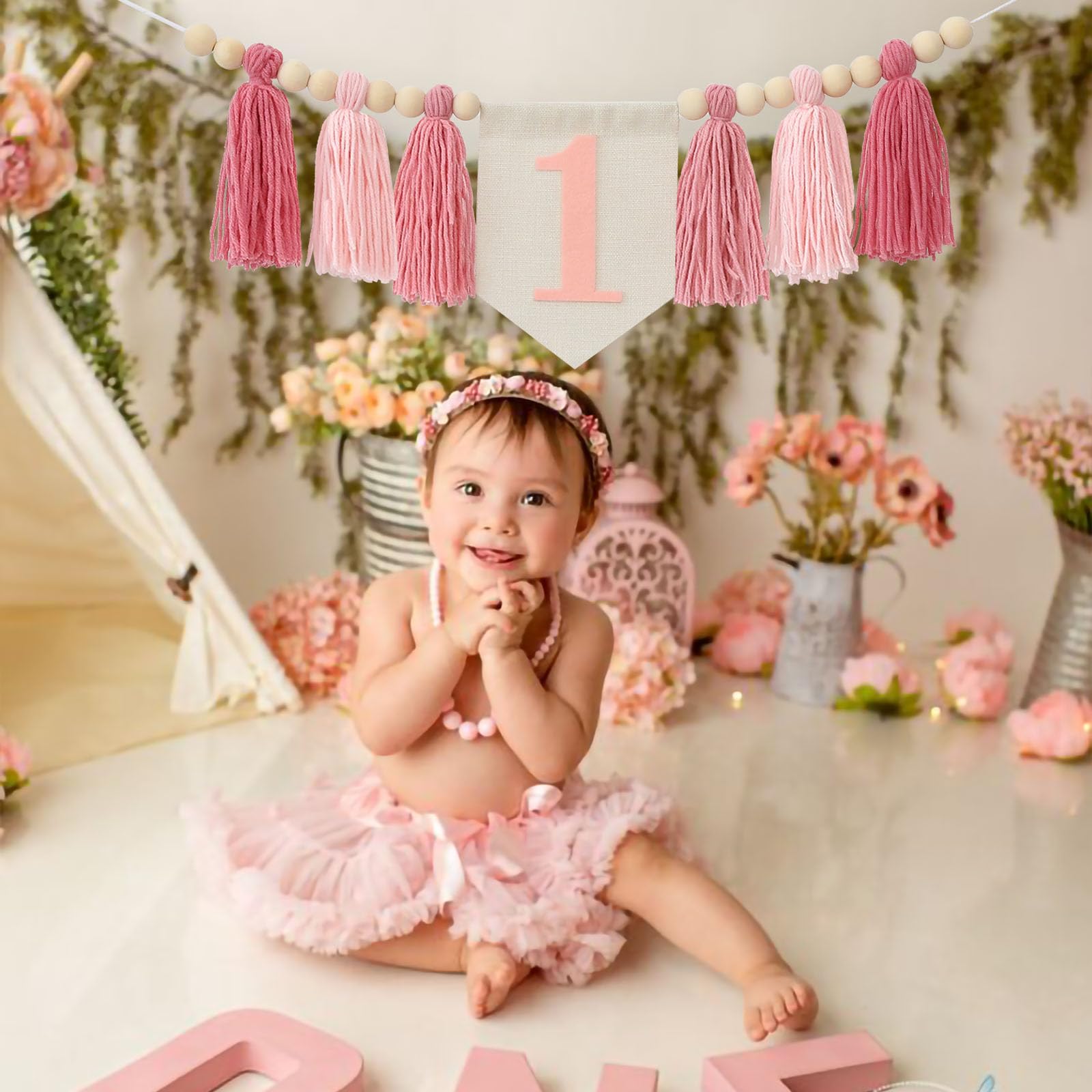 Handmade Boho 1st Birthday High Chair Banner Pink Party Decoration for Girl Baby Shower