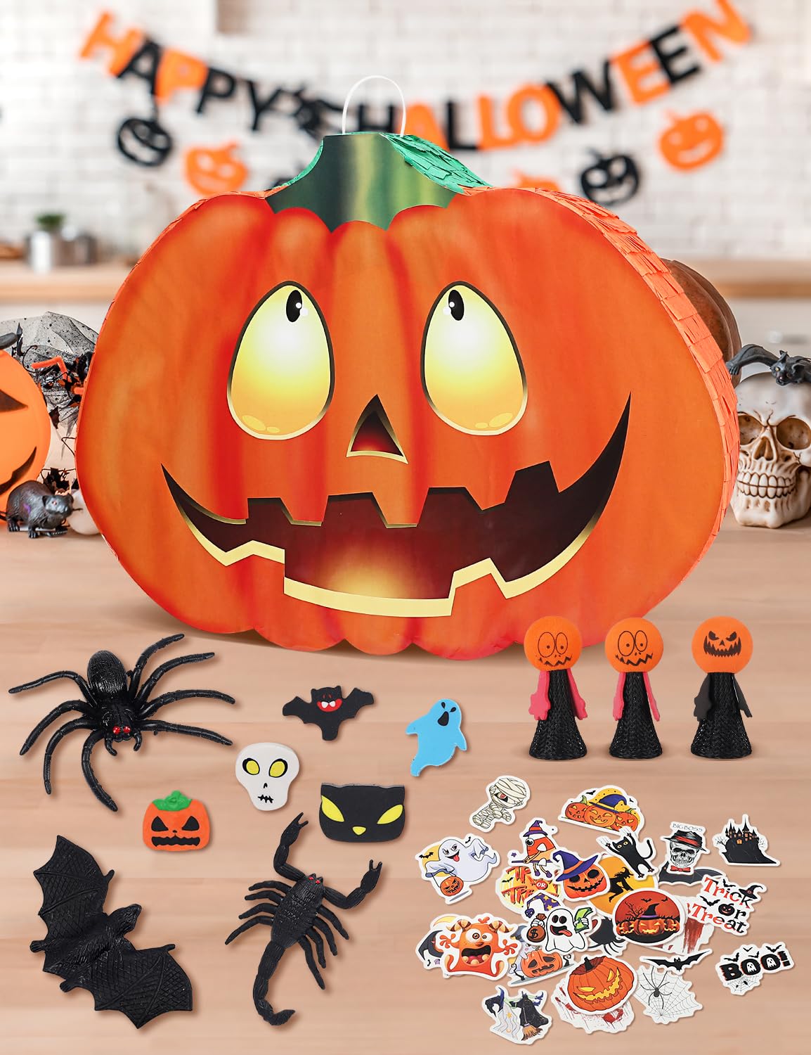 Halloween Pumpkin Piñata - 74pc Set: Complete Party Game with Toys, Goodie Bags, Bat & Blindfold - Perfect for Kids' Birthdays, Classroom Prizes & Festive Decorations