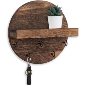 lwenki key holder for wall – decorative key hook shelf for entryway decor – 7.9 inch round paulownia wood hey hanger with 5 metal hooks includes mounting hardware and installation guide