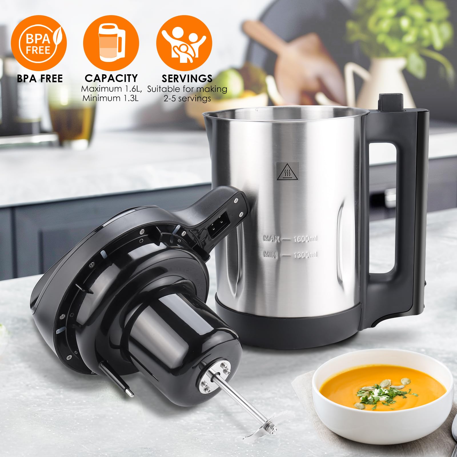 1.6L Soup Maker Machine, Stainless Steel Programmable Soup Maker with Smooth & Chunky Settings, Anti-Dry Burn, Overfill Sensors, and Self-Cleaning Mode for Quick Soups, Baby Food, and Home Use Black