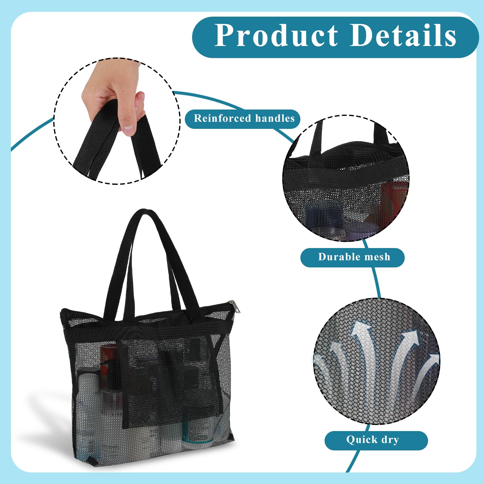 Mesh Shower Bag, Shower Caddy Portable Mesh Tote Bag with Zipper, Quick Dry Hanging Bath and Toiletry Organizer for College Dorms, Gym, Beach, Camping, Swimming, Yoga and Travel (1Pcs, Black)