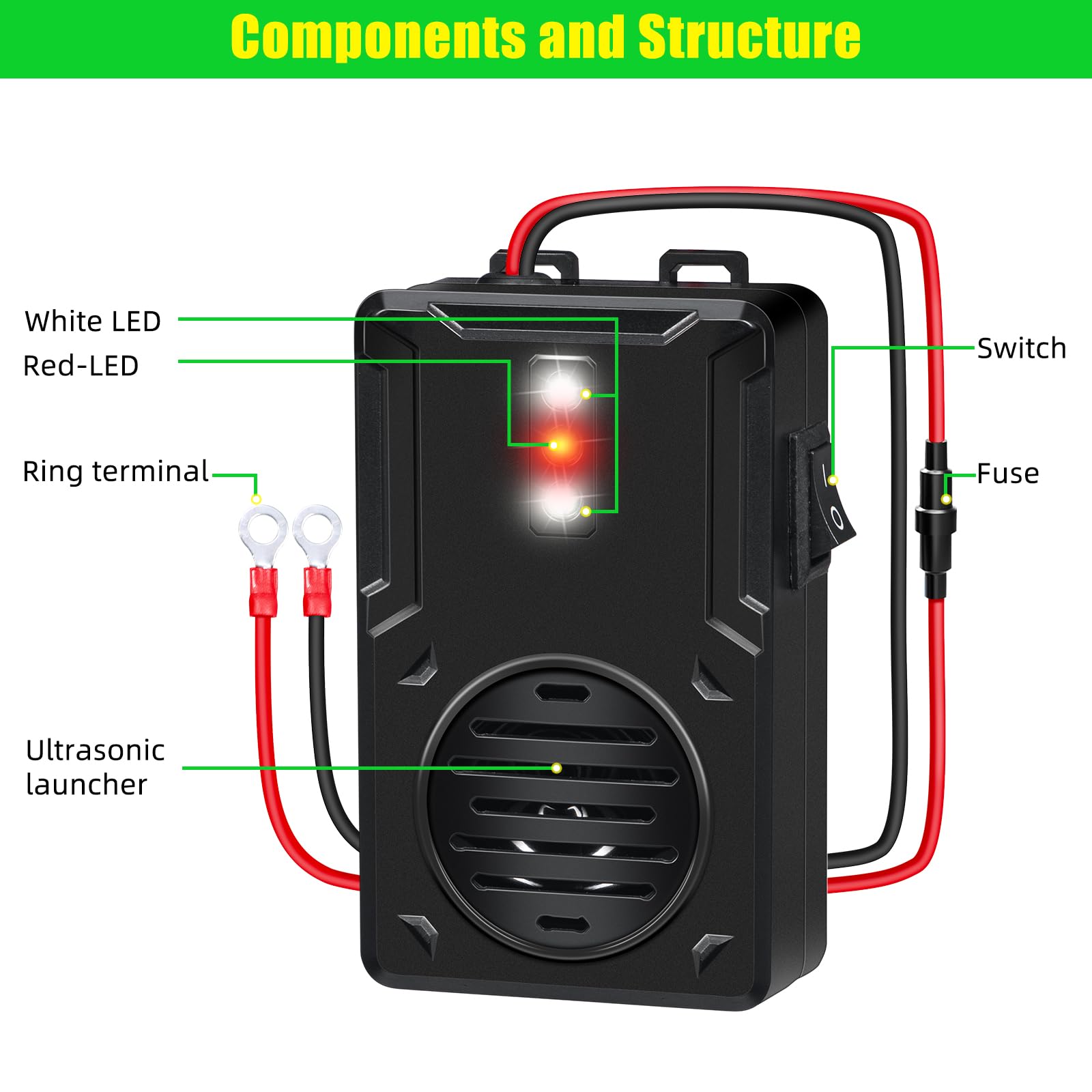 Jahy2Tech Ultrasonic Rodent Repellent for Car Engines 2 Pack Under Hood Animal Repeller Battery Powered Rat Deterrent with LED Strobe Lights Car Truck RV Rodent Defense Vehicle Protection, BLACK