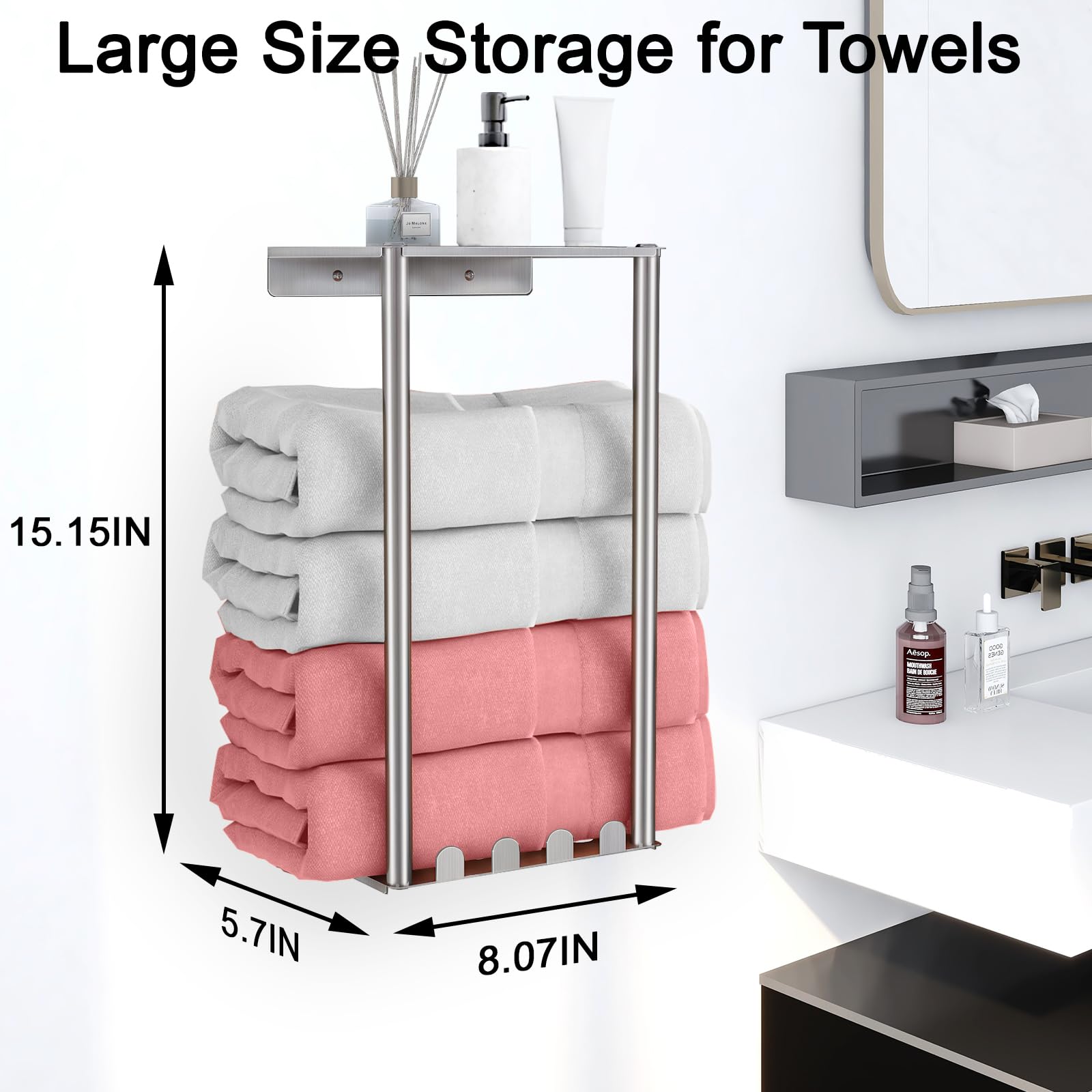 JIAPAIDUO Towel Storage for Bathroom, 15 Inch Wall Mounted Towel Rack, Wall Towel Holder for Rolled Towels, Wall Towel Storage with 4 Hooks for Small Bathroom, Rolled Towel Rack, Brushed Nickel