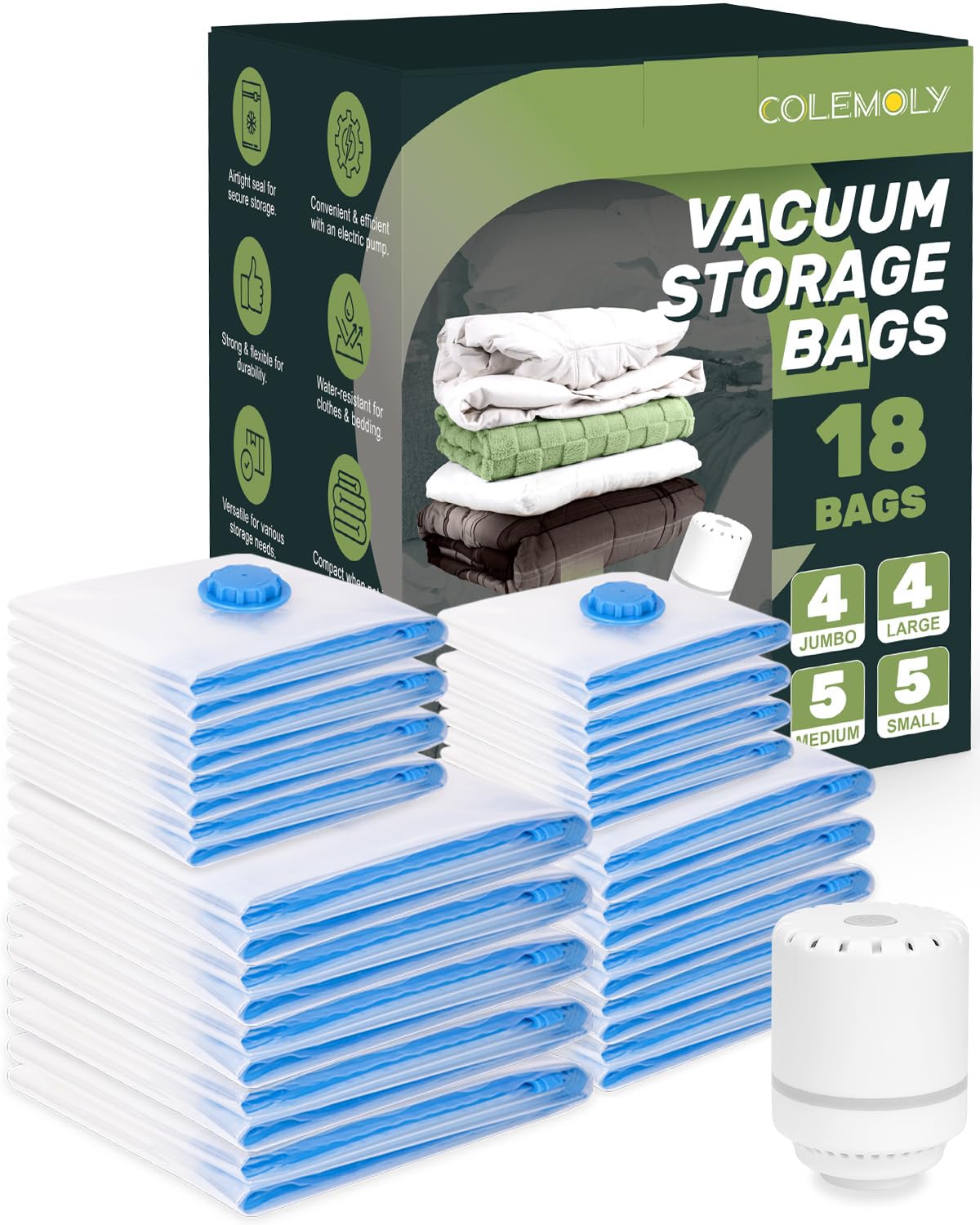 Colemoly Vacuum Storage Bags 18 Pack Space Saver Bag Vacuum Seal Bags for Clothing Travel Moving Blankets Pillows Storage and Organization (5 Jumbo/ 5 Large/ 4 Medium/ 4 Small)