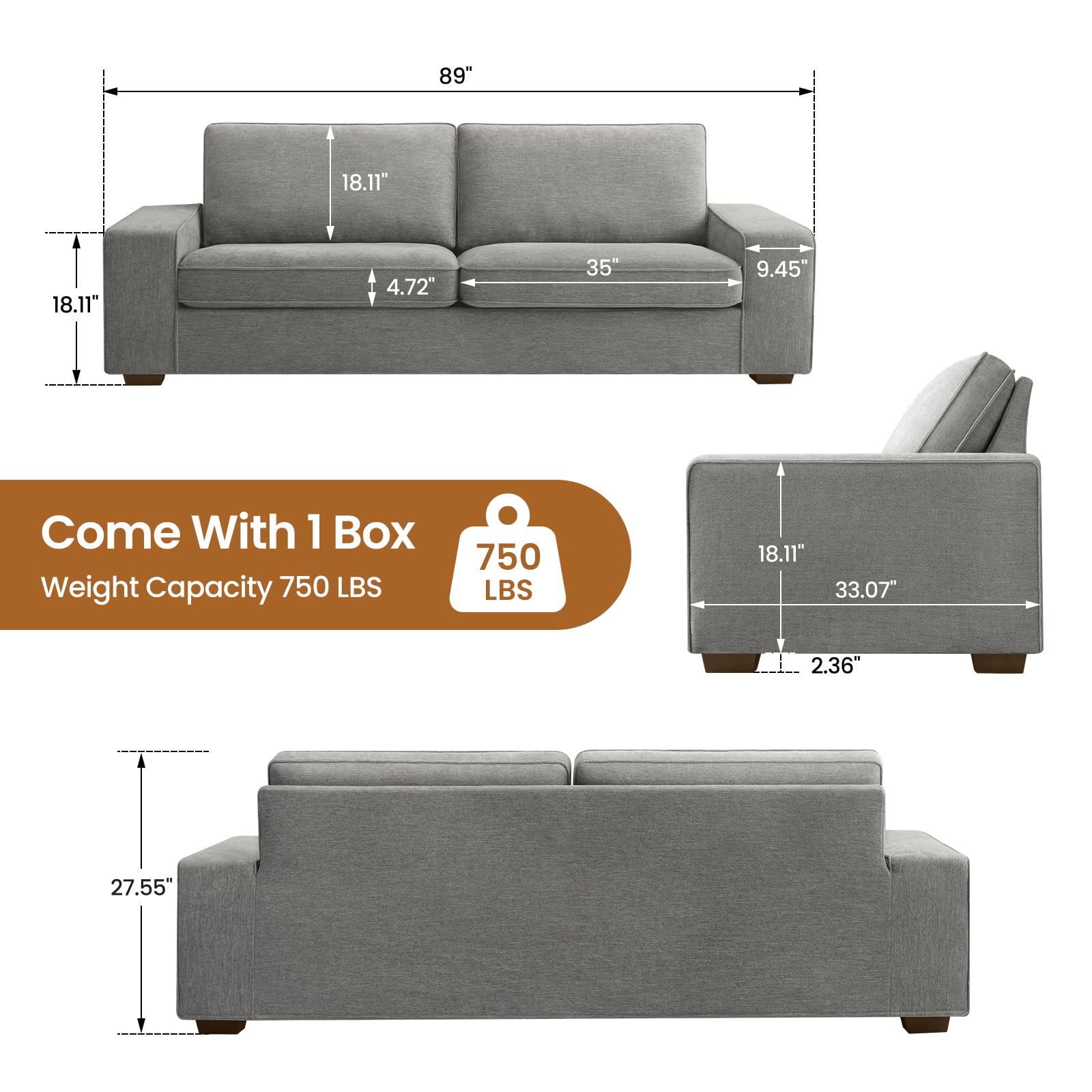 Wichvens 88.58" Oversized Loveseat Sofa for Living Room,Plush Chenille Modern Sofas & Couches with Wide Armrest，Solid Wood Leg and Removable Sofa Cushion,Easy to Install(Light Grey)