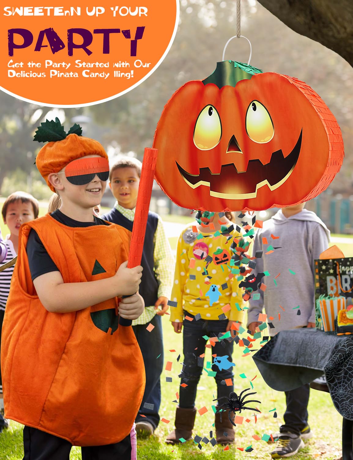 Halloween Pumpkin Piñata - 74pc Set: Complete Party Game with Toys, Goodie Bags, Bat & Blindfold - Perfect for Kids' Birthdays, Classroom Prizes & Festive Decorations