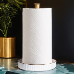 vroomium gold paper towel holder countertop, ceramic base easy-to-clean, 1.4 lbs, 7" b x 12.5" h, stable elegant and durable kitchen roll stand