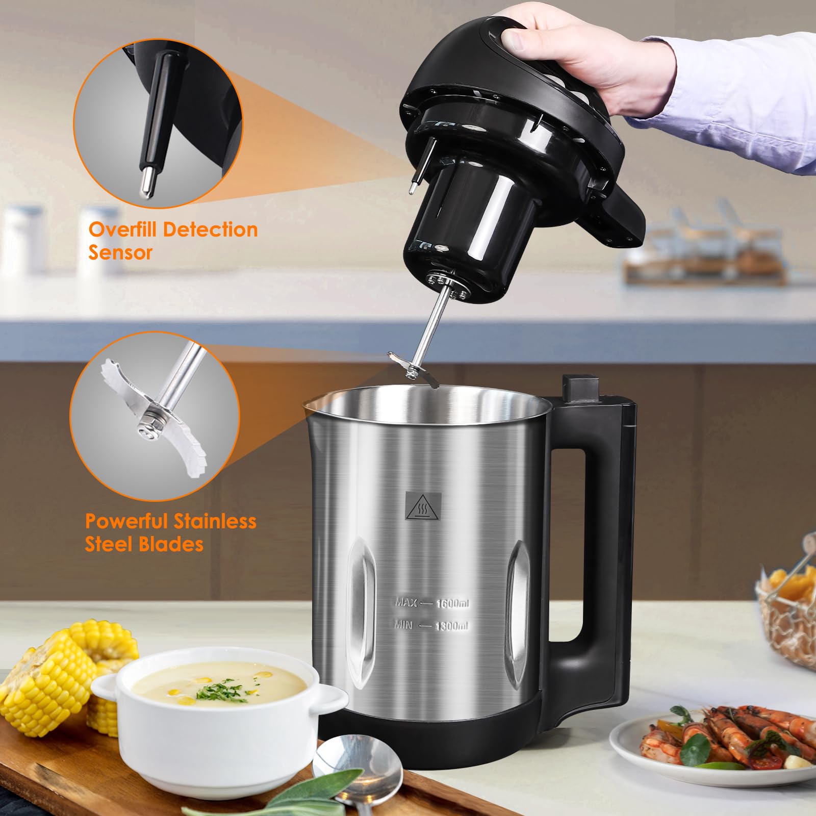 1.6L Soup Maker Machine, Stainless Steel Programmable Soup Maker with Smooth & Chunky Settings, Anti-Dry Burn, Overfill Sensors, and Self-Cleaning Mode for Quick Soups, Baby Food, and Home Use Black