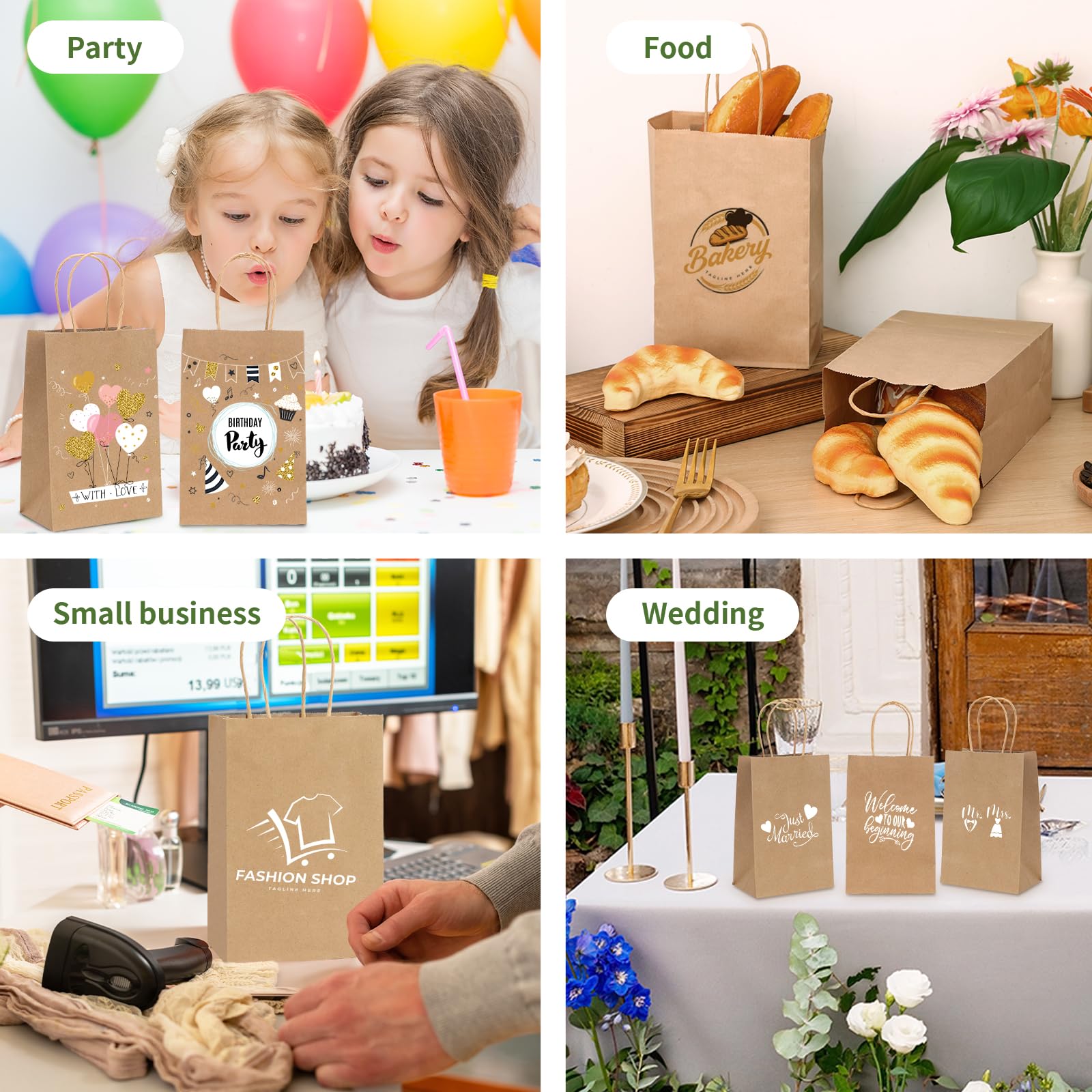 Moretoes 150pcs Paper Bags, 5.25x3.2x8 Inches Kraft Paper Bags, Small Brown Gift Bags with Handles Bulk, Retail Bags for Small Business, Shopping, Merchandise, Birthday Wedding Party Favor Bags