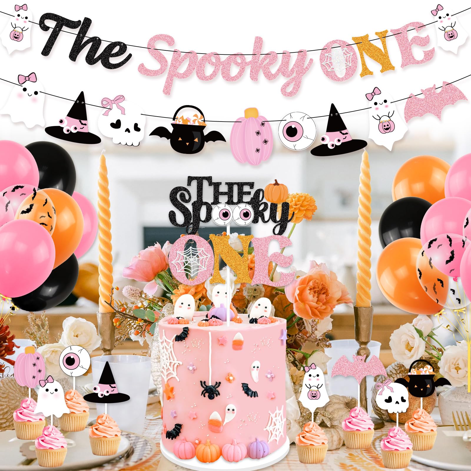 K KUMEED Pink Halloween 1st Birthday Party Decorations,The Spooky One Banner Cute Ghost Eyeballs Pumpkin Cake Topper and Latex Balloons for Halloween First Birthday Girls Birthday Party Supplies